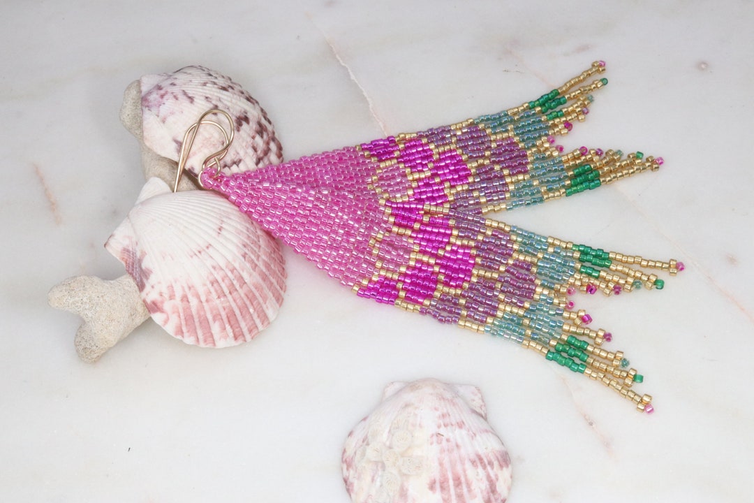 Mermaid Core Mermaid Tail Seed Bead Earrings for Women, Beaded Fringe ...