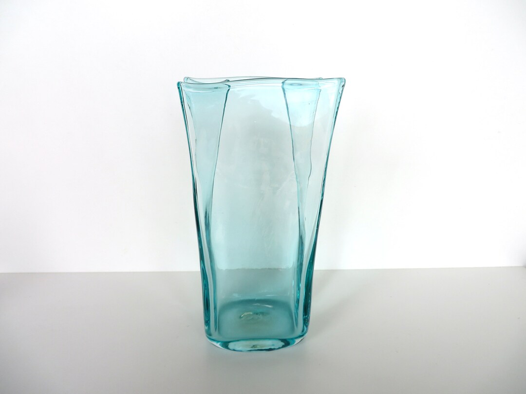 Vintage Blenko Glass Paper Bag Vase in Aqua Blue, 8 1/2" Hand Blown ...