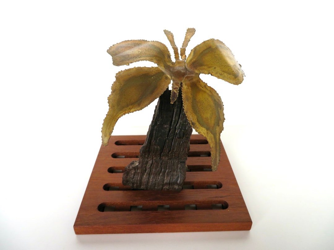 Brutalist Torch Cut Brass Butterfly and Wood Sculpture, 1970s Studio ...