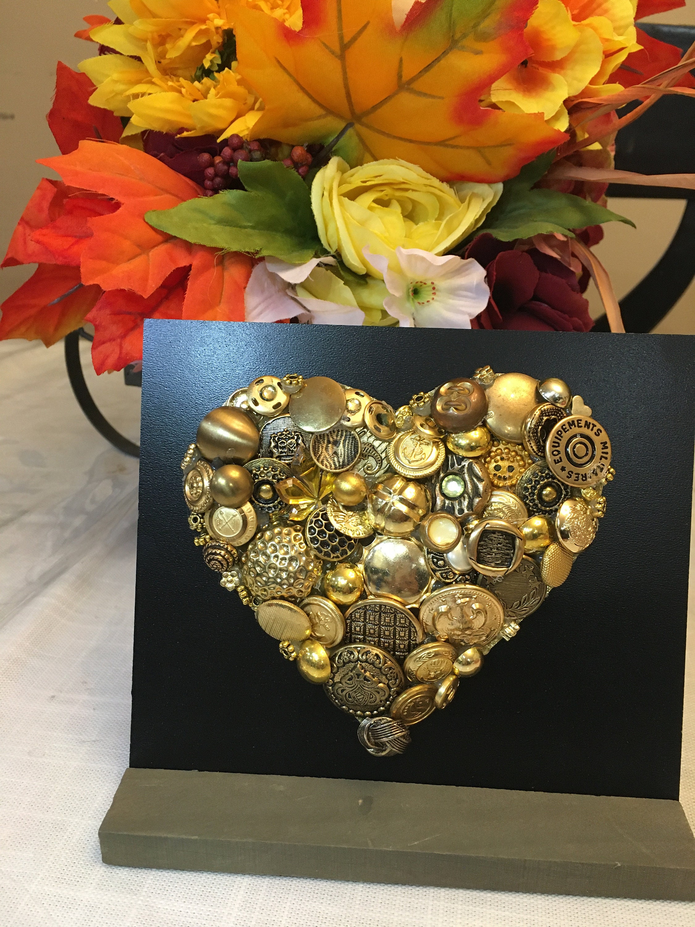 Gold Heart Gift, Unique Gift, Button Art, Button Artwork, Tabletop ...