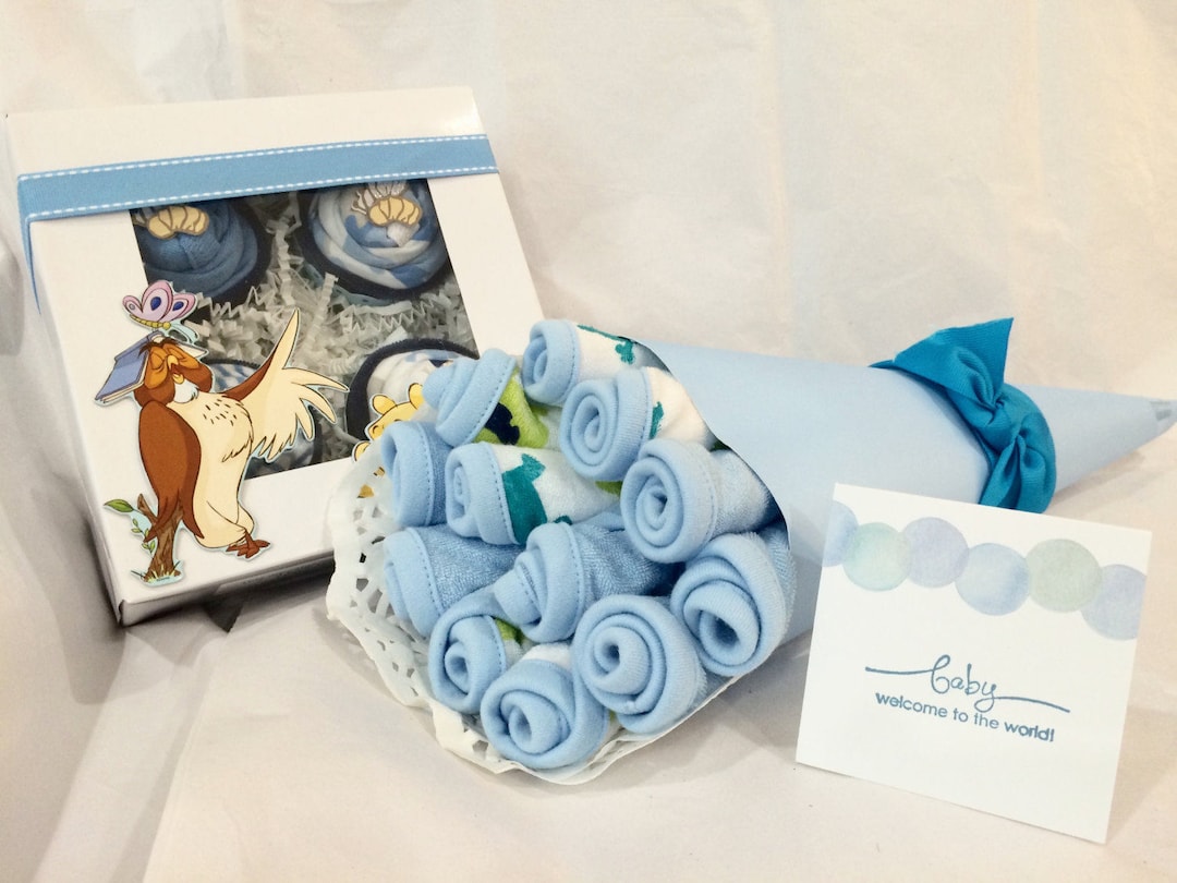 Baby Gift Set Baby Wash Cloth Bouquet Shower Gift + Cupcake Box With 4 ...
