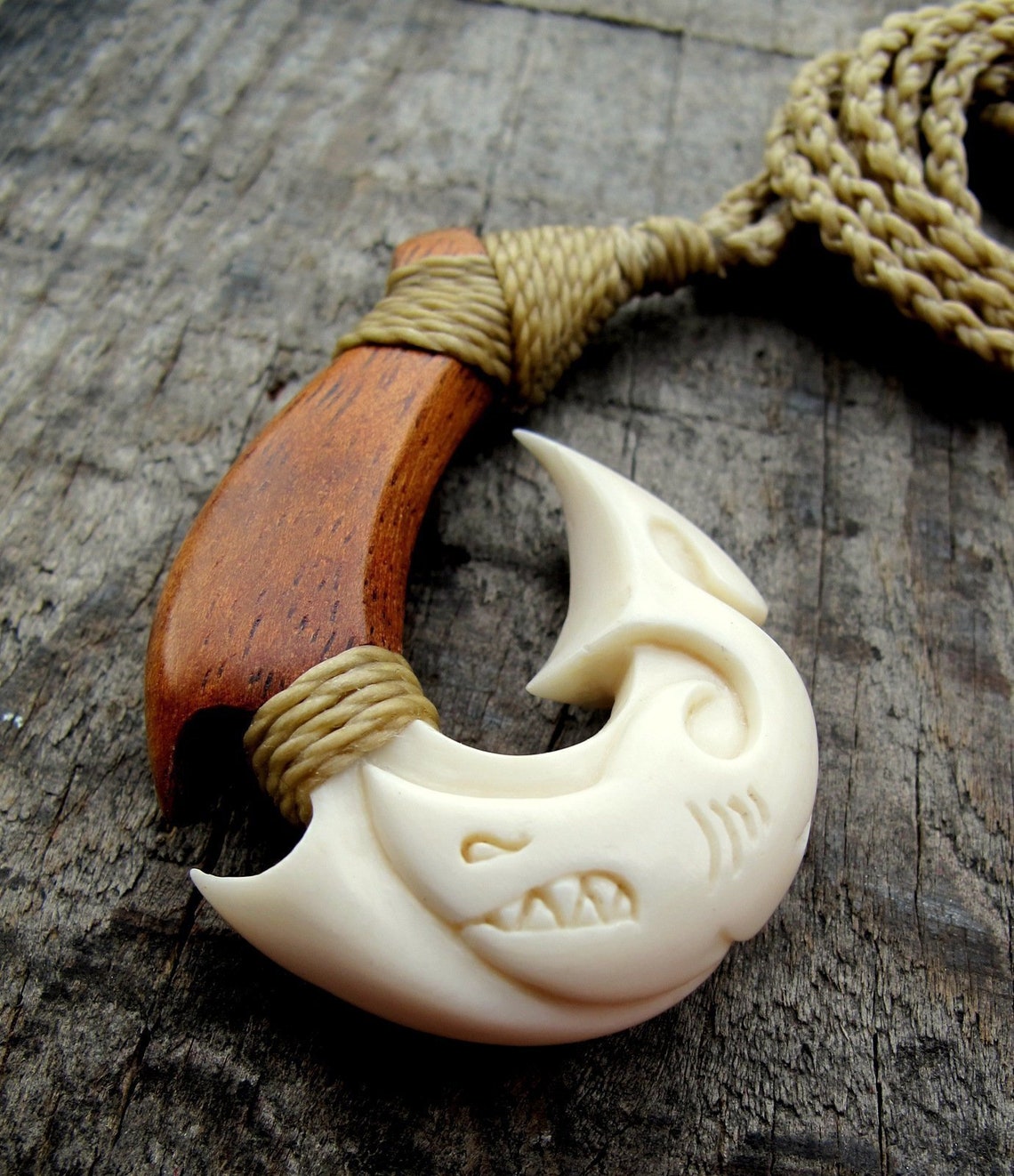 Shark Fish Hook Necklace - Hand Carved Fishing Gift | Wood and Bone ...