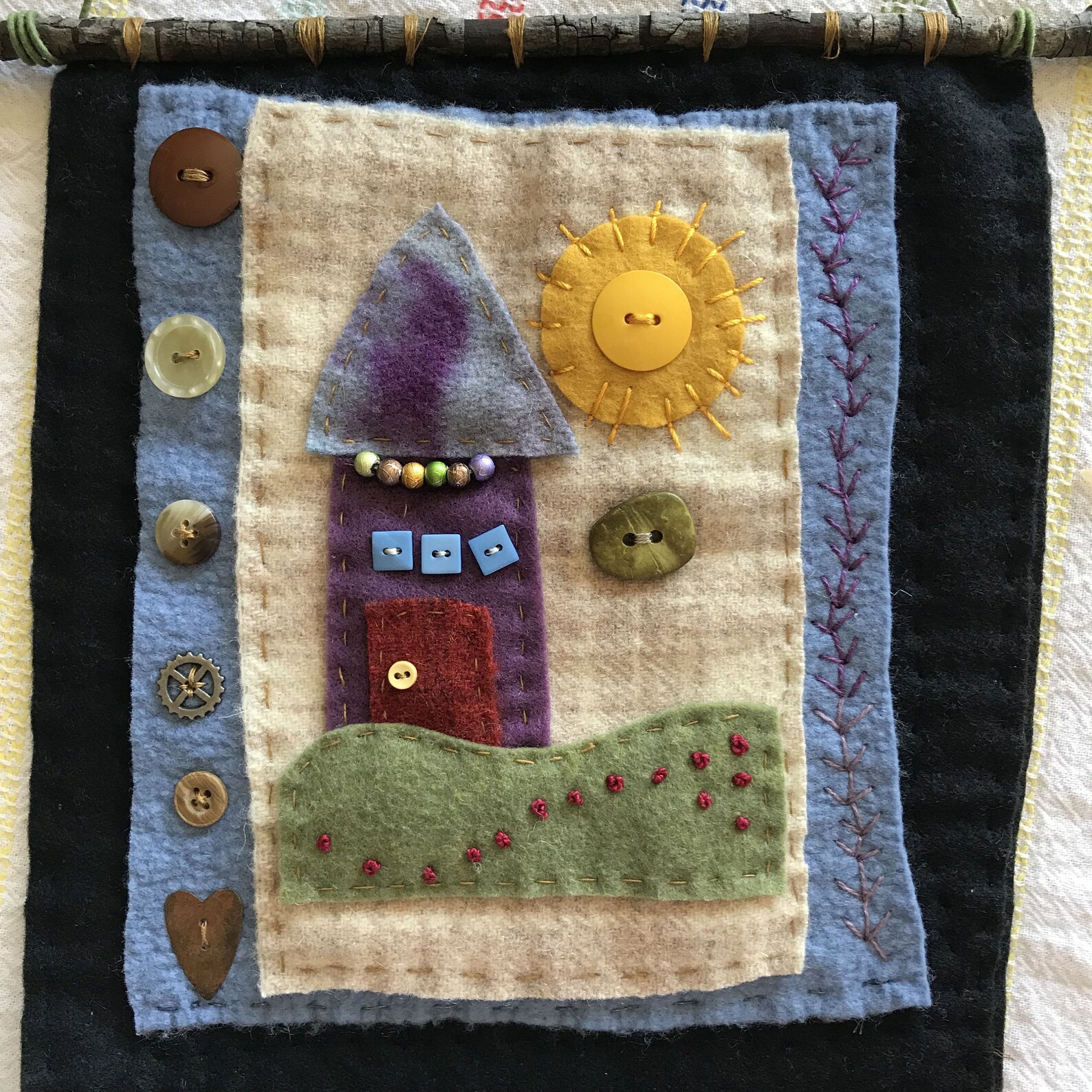 Wool Wall Hanging of House With Buttons, Beading and Embroidery - Etsy