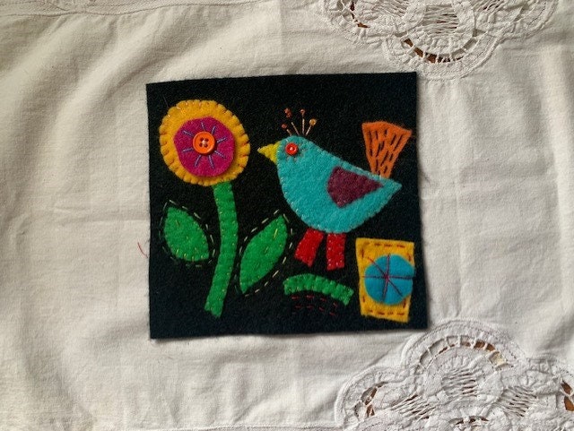 Felt Folk Art Bird and Flowers Wall Hanging - Etsy