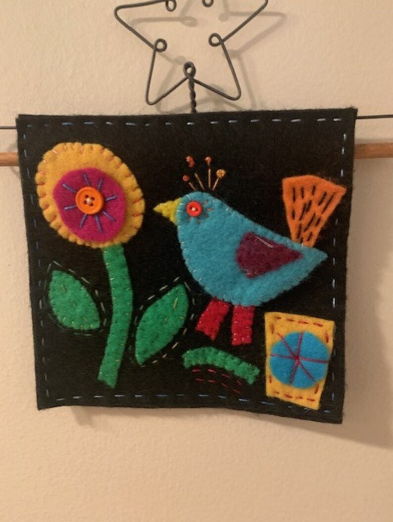Felt Folk Art Bird and Flowers Wall Hanging - Etsy