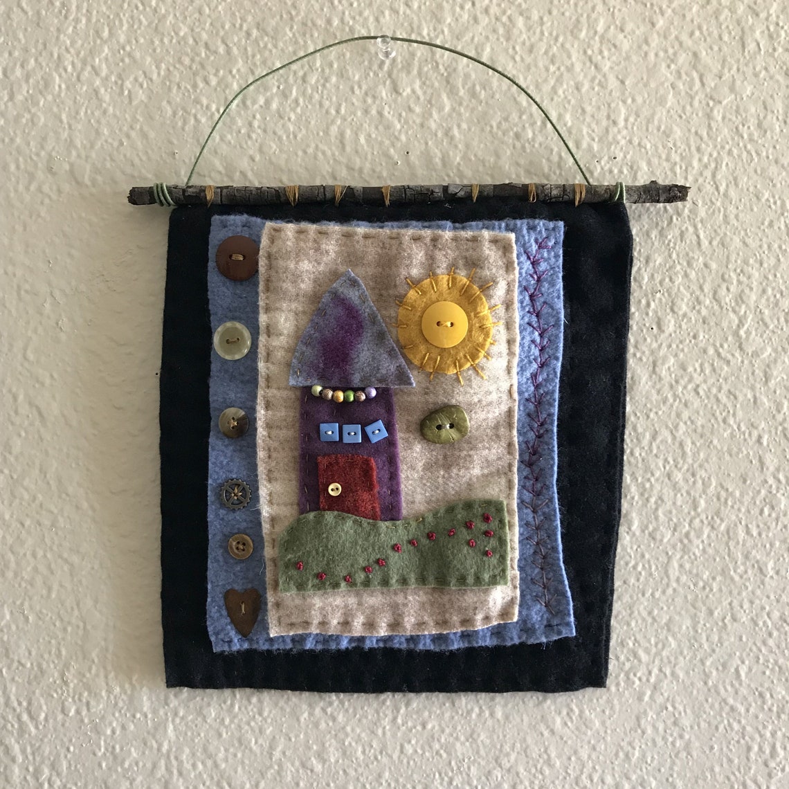 Wool Wall Hanging of House With Buttons, Beading and Embroidery - Etsy