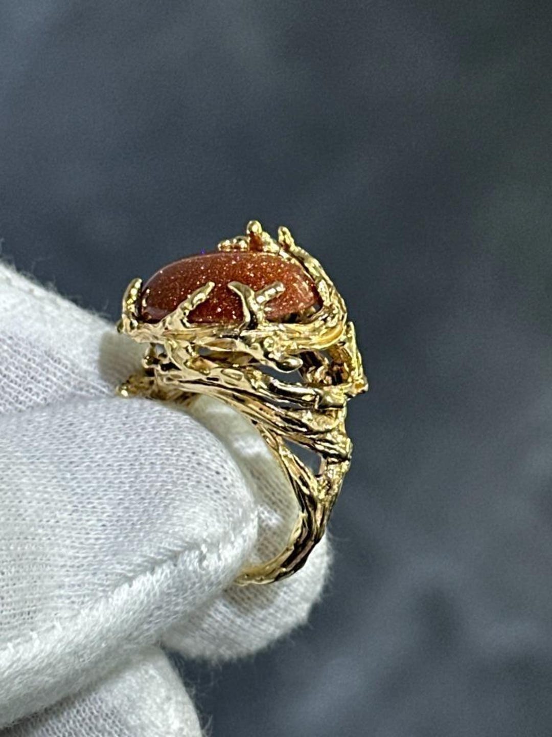 14k Yellow Gold Goldstone Oval Cut Sparkle Design Vine Halo Hand Made ...