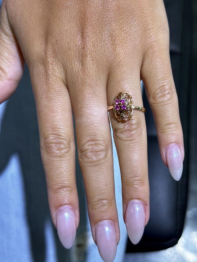 14k Yellow Gold Natural Red Rubies Flower Design Halo Vintage Band Ring ...