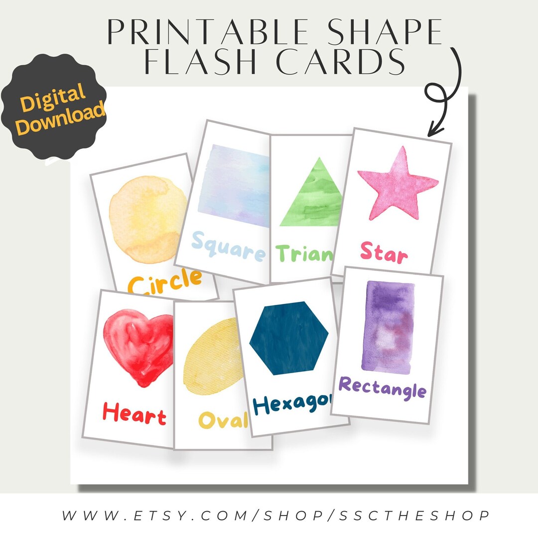 Printable Shapes Flash Cards for Preschool, Montessori Watercolor ...