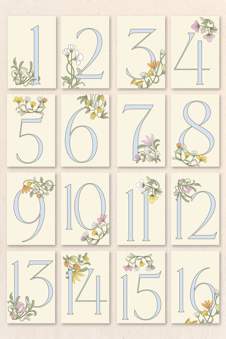 Floral Wedding Table Numbers, Hand Drawn Flowers (digital Download) - Etsy