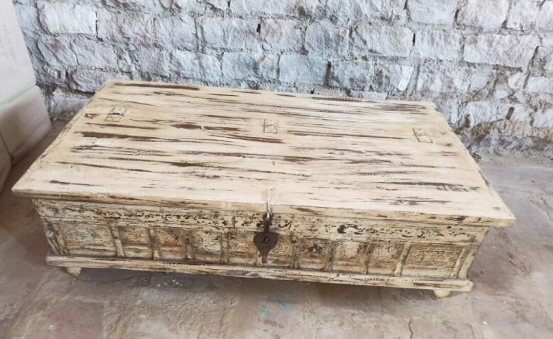 Antique Indian Pitara Trunk Chest Coffee Table Whitewash - Etsy