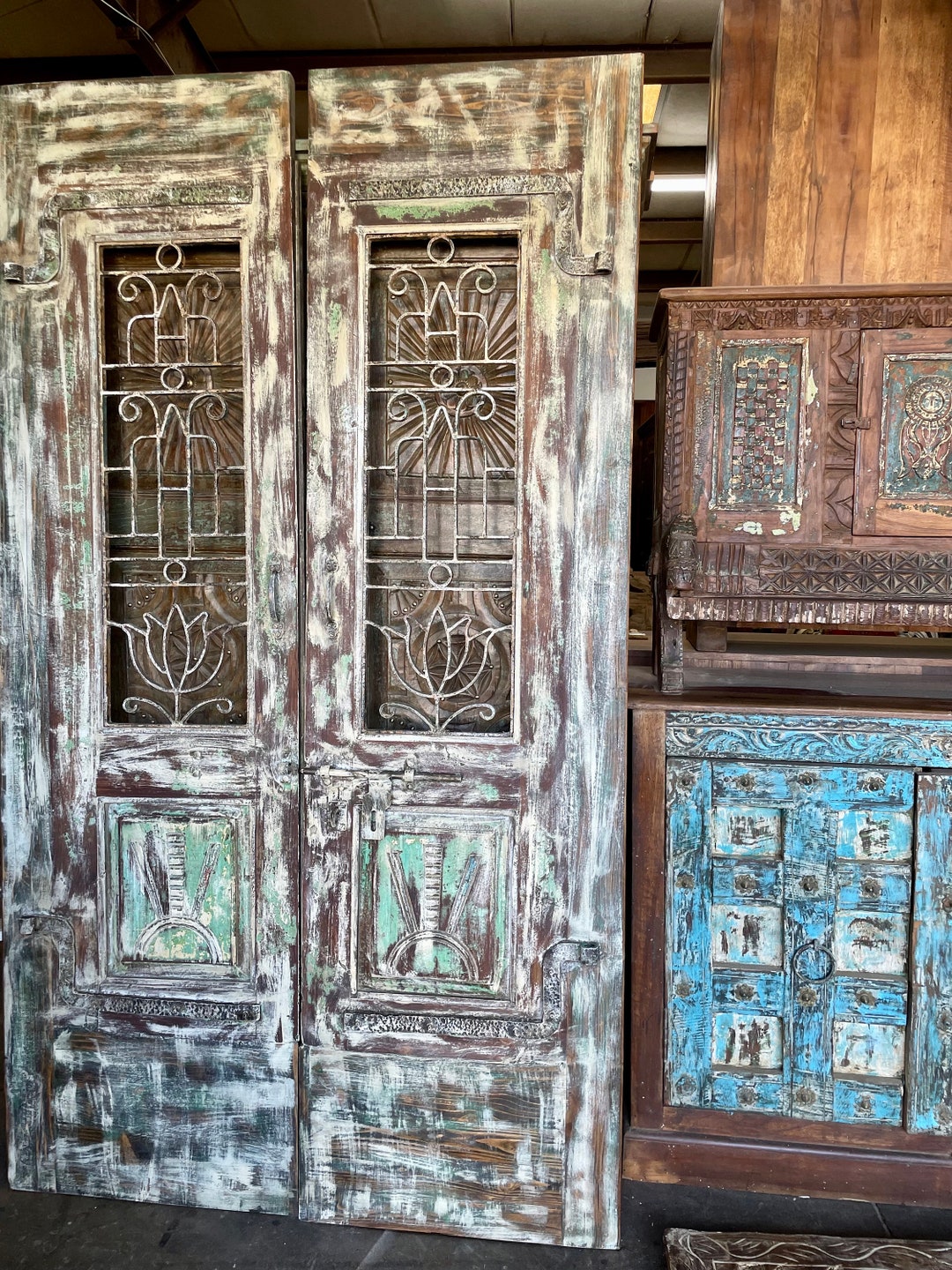 Pair Vintage Whitewash Barn Doors, Antique Carved Sliding Doors, Lotus ...