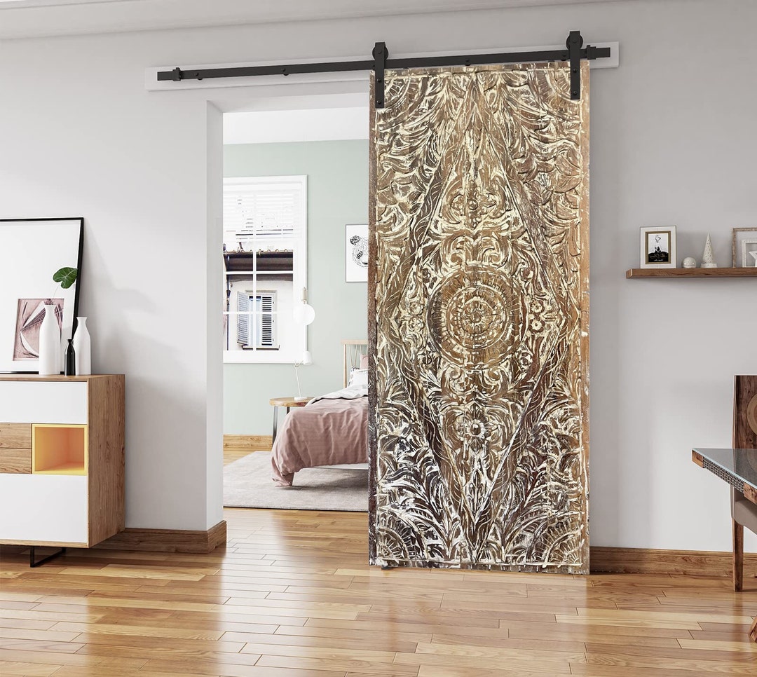 Vintage Whitewashed Carved Sliding Door, Statement Door, Lotus Diamond ...