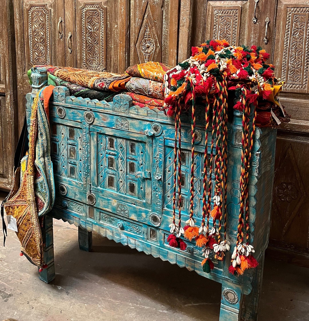Antique Boho Damchiya Chest Vintage Blue Indian Console Old Banjara ...