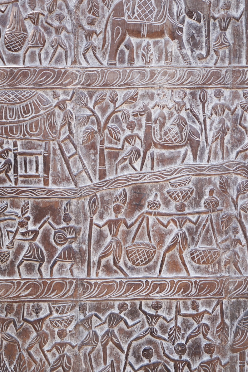 Vintage Reclaimed Woods Tribal Relief Carved Panel Wall Art Village ...