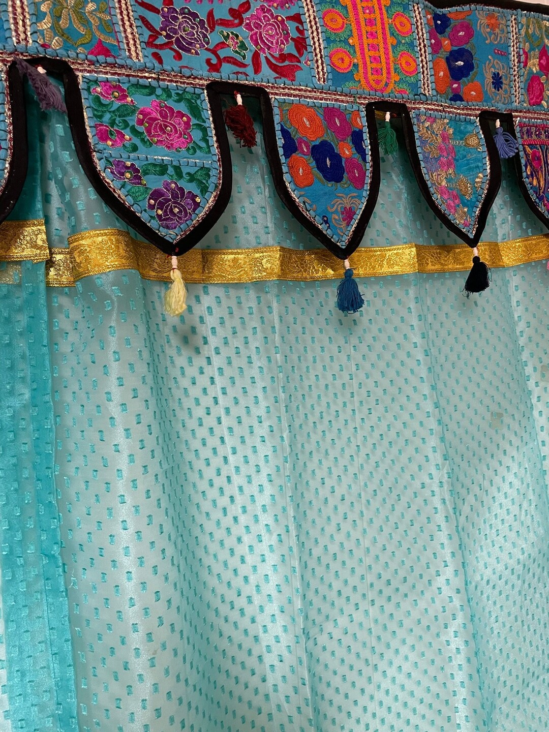 Indian Embroidered Window Topper With Sheer Blue Curtains - Etsy
