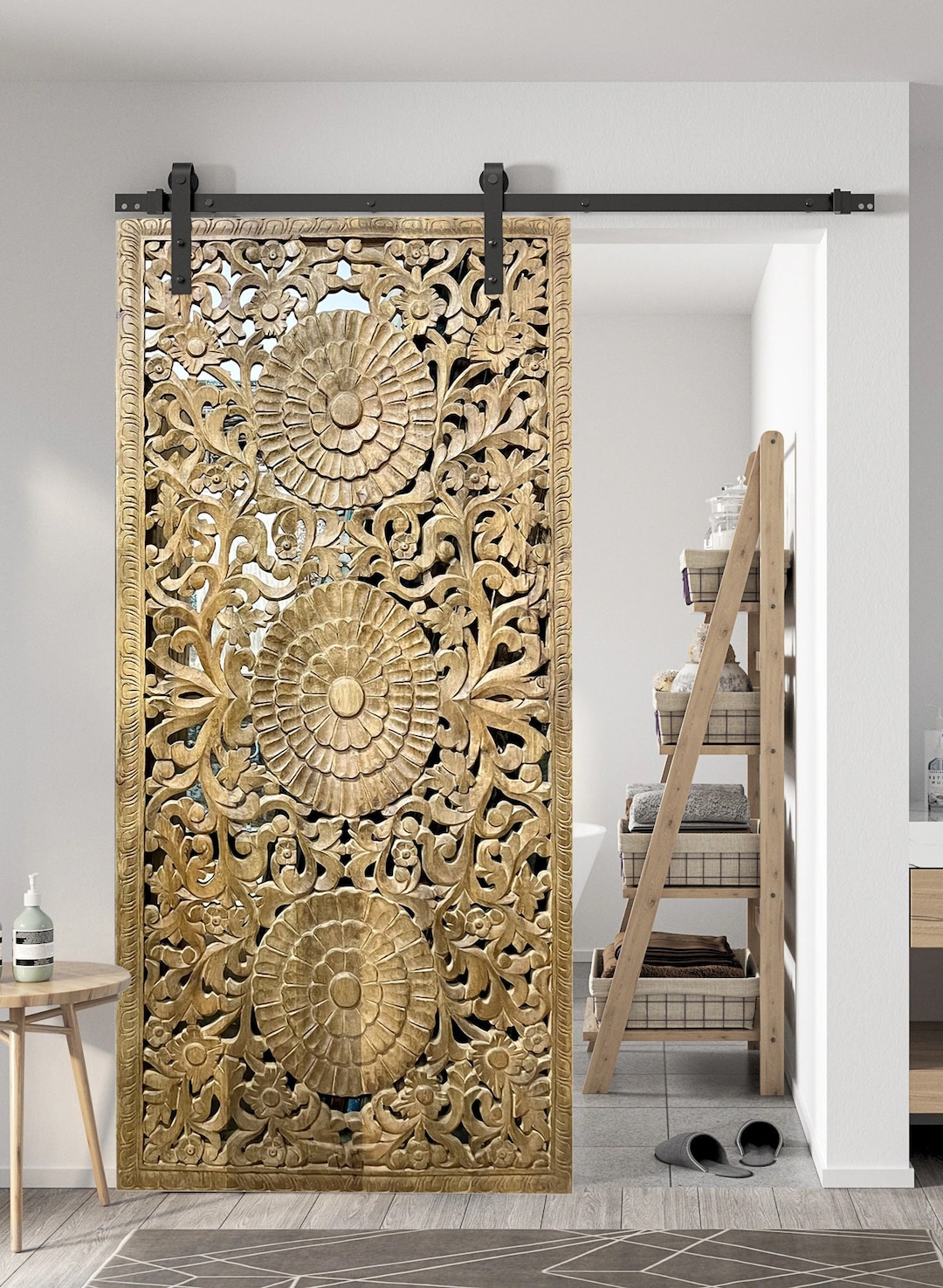 Vintage Wood Lotus Jali Carved Sliding Barn Door, Natural Wood Boho ...