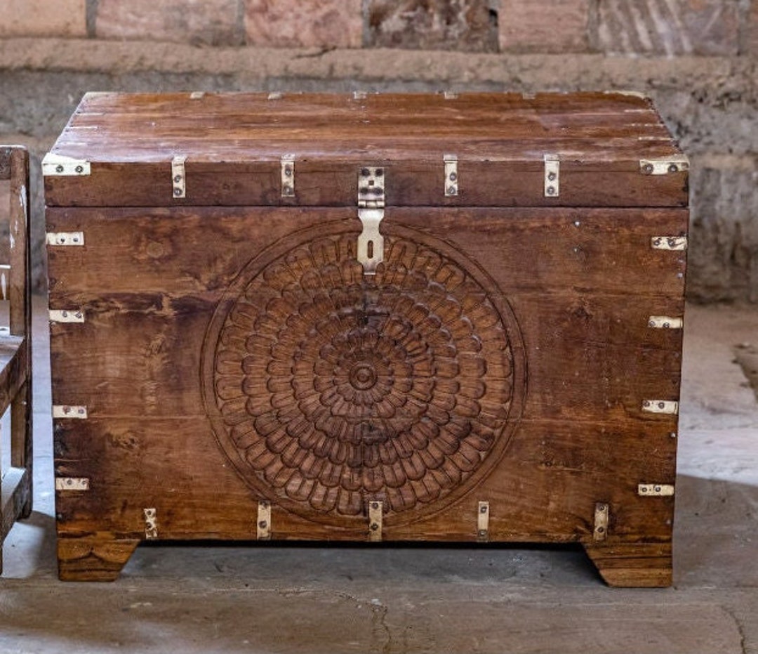 Antique Indian Hope Chest, Authentic Bridal Trunk, Mandala Carved Dowry ...