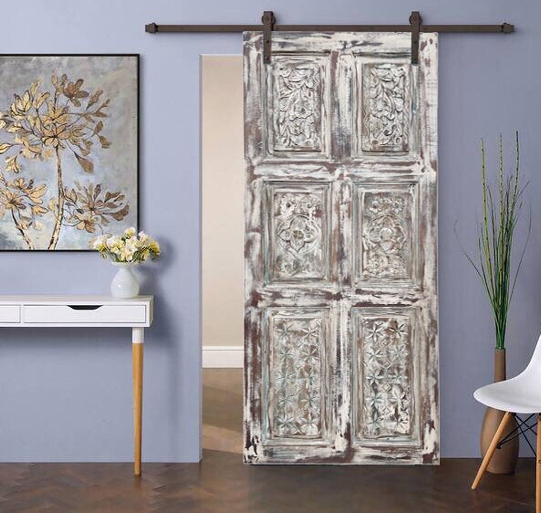 Vintage Sliding Barn Door, Indian Carved Door Whitewashed Bedroom Barn ...