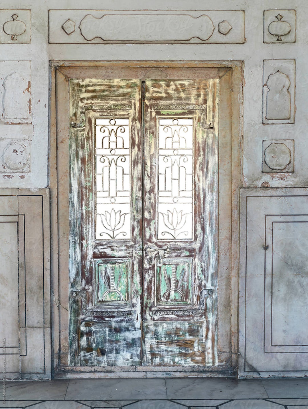 Antique Carved Sliding Doors, Lotus Jali Latticed Doors, Pair Whitewash ...