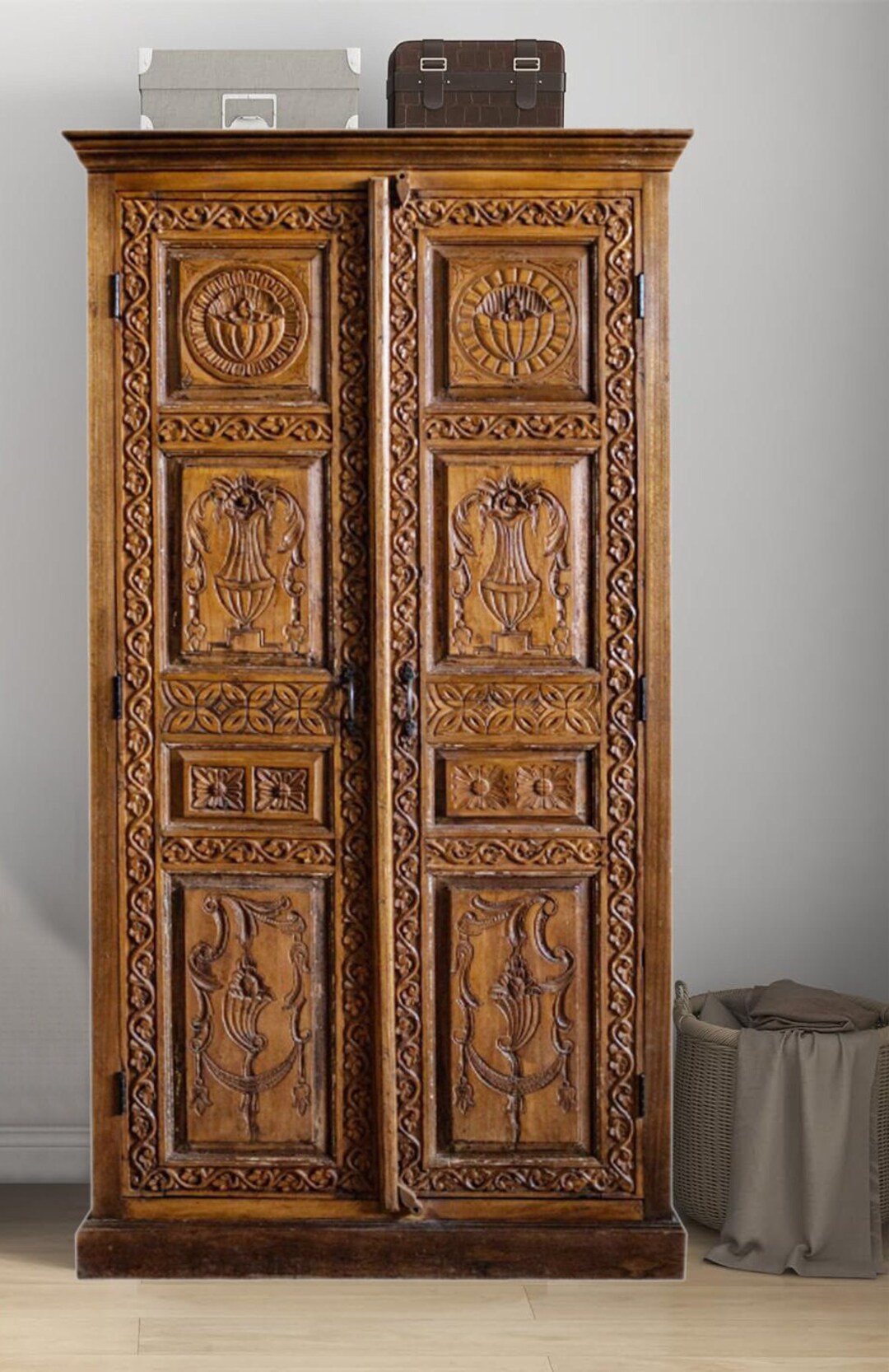 Vintage Armoire, Rustic Wardrobe Cabinet, Antique Anglo-indian Carved ...