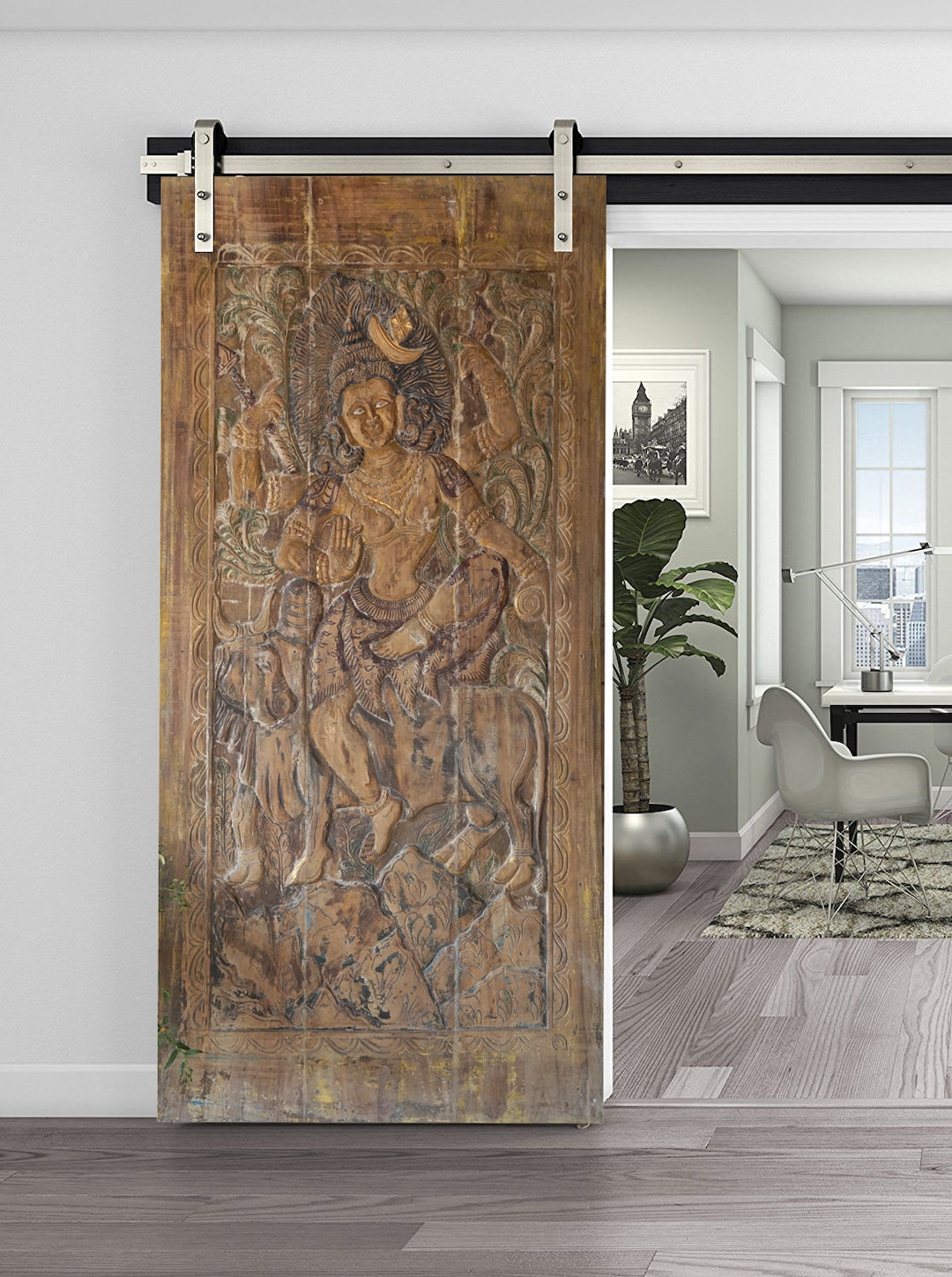 Shiva Carved Sliding Barn Door, Hindu Shiva Riding Nandi Wall Art ...
