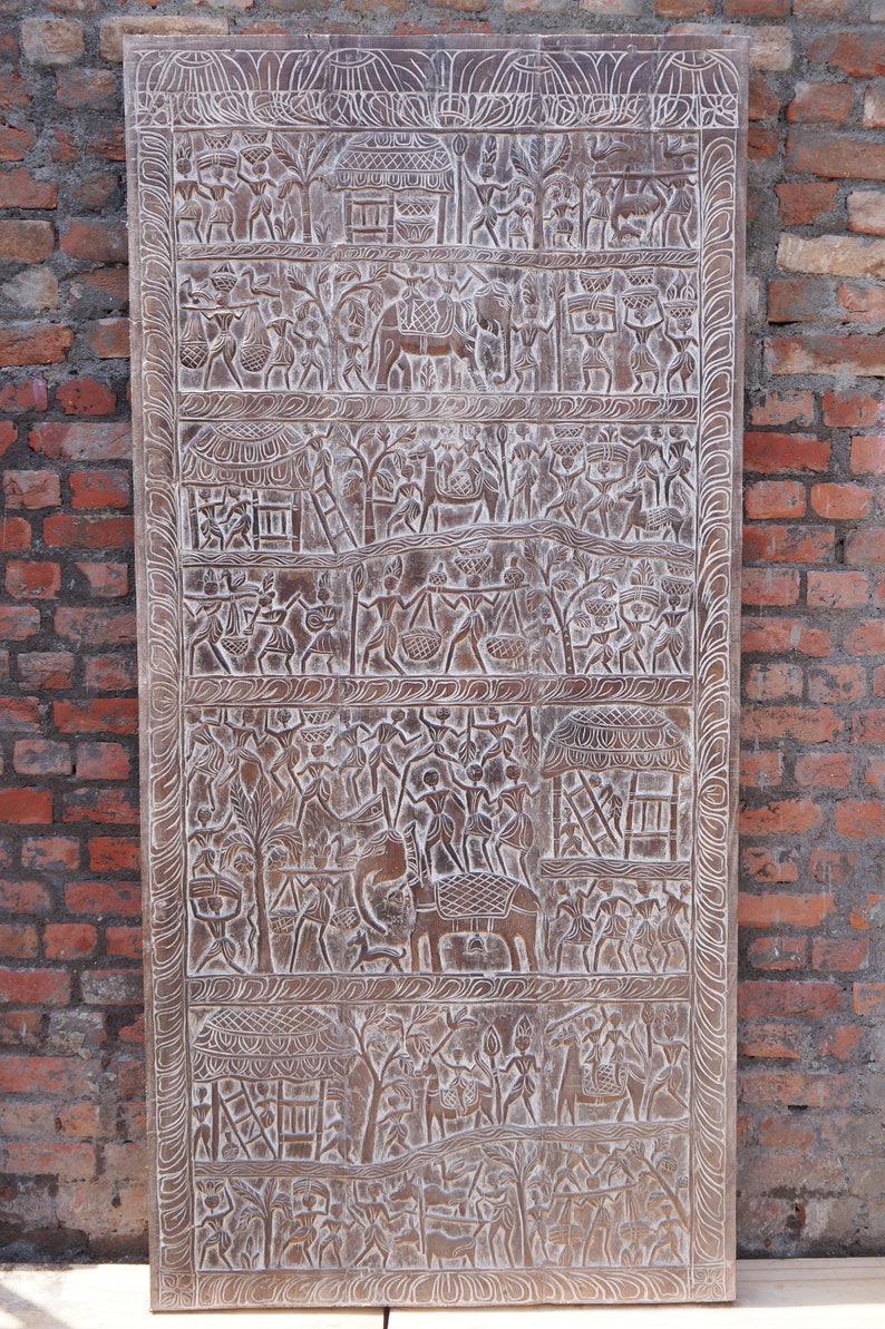 Vintage Reclaimed Woods Tribal Relief Carved Panel Wall Art Village ...