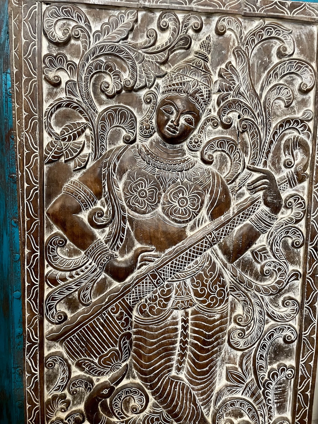 Vintage Saraswati Goddess Carving, Barn Door Panel, Indian Carved ...