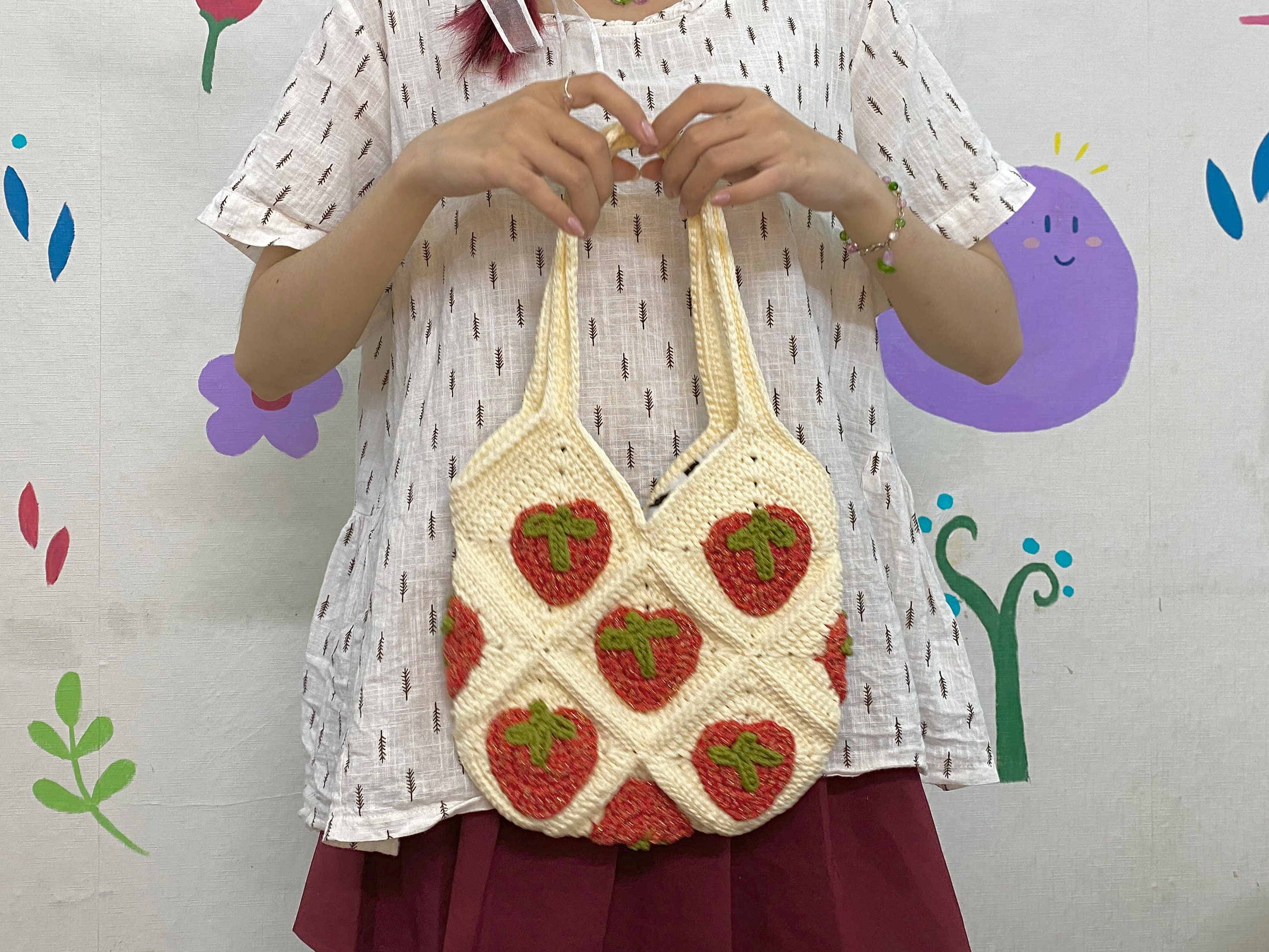 Wool Crochet Bag Strawberrys- Hand-finished, Stylish Storage for Kids ...