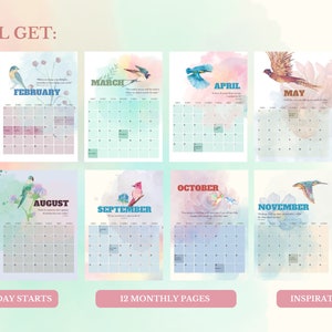 2024 Calendar Watercolor Floral and Bird, Yearly Illustrated 12 Month ...