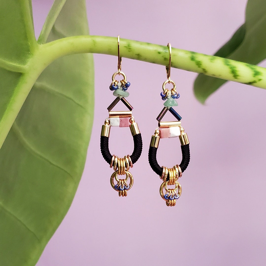 Black and Gold Geometric / Graphic Shaped Dangle Earrings With Stones ...