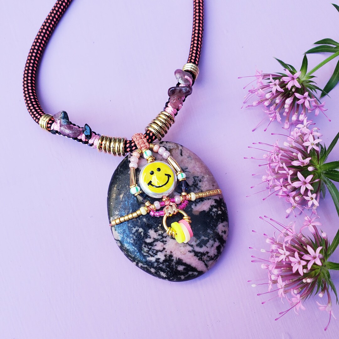 Smiley Long Necklace With Rhodonite Stone, Unique Piece, Colorful Mid ...