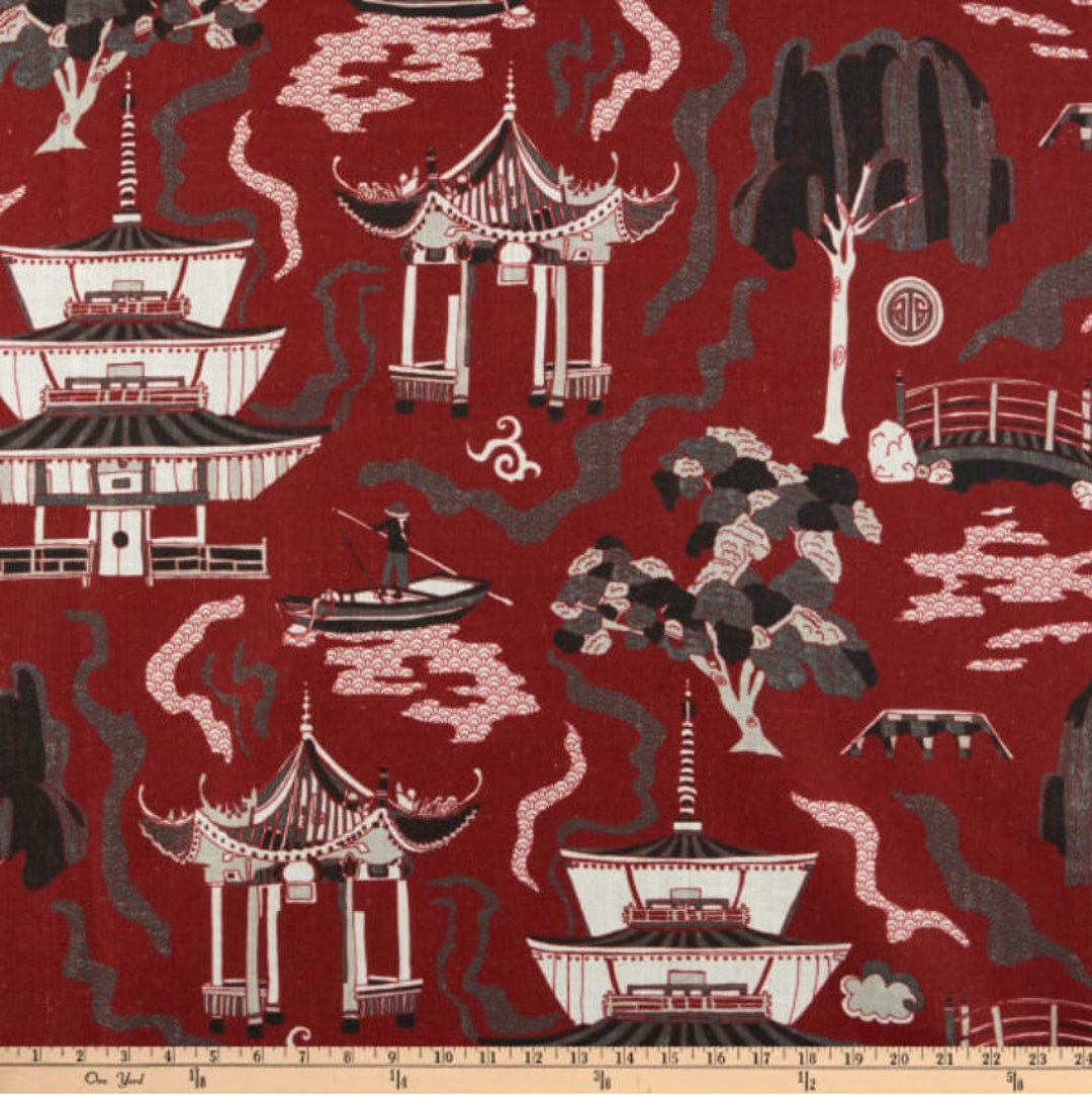 Red Asian Curtains, Medium Weight Herringbone Drapes, Chinoiserie Water ...