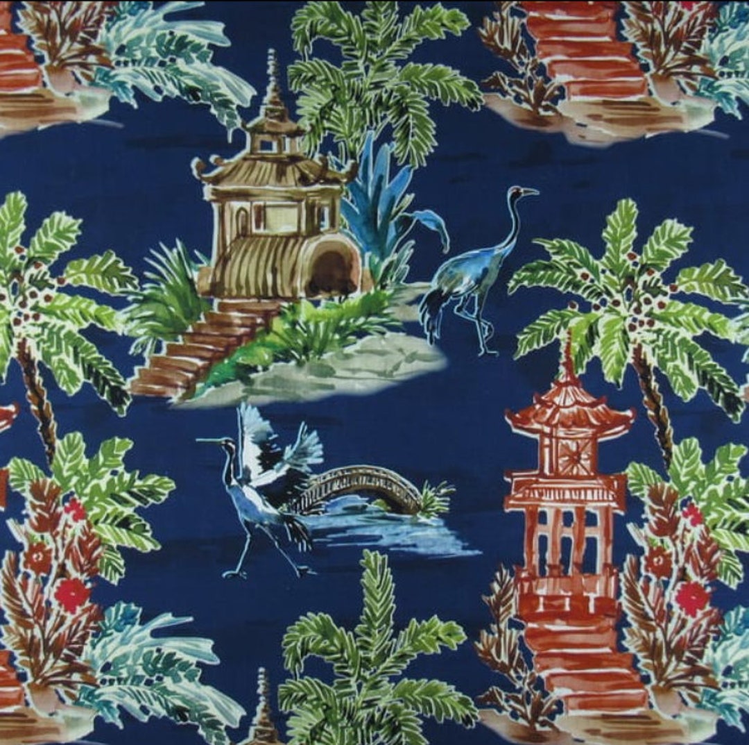 Chinoiserie Blue Curtains, Asian Toile, Chinese Garden Pagoda Design ...