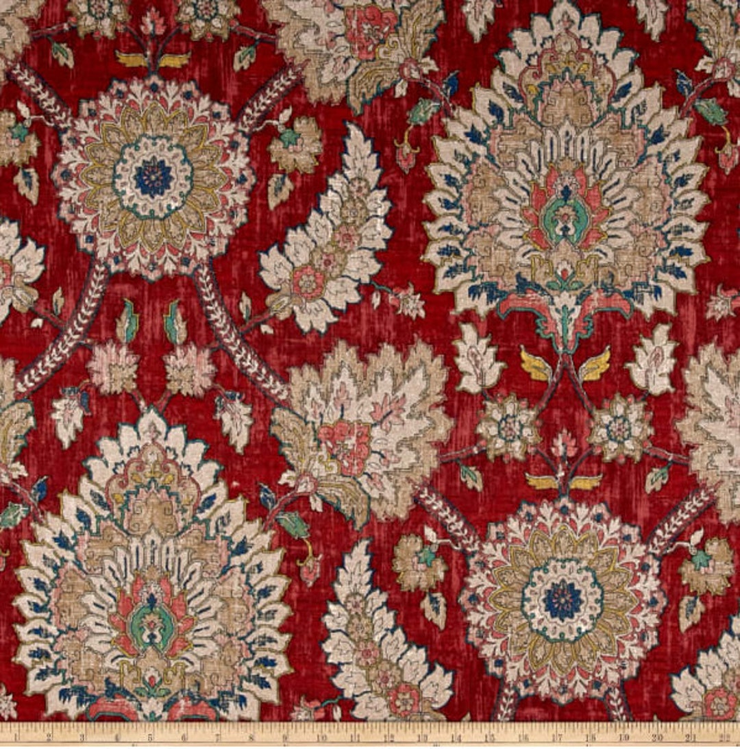 Waverly Castleford Garnet Red Print 100% Cotton Duck Custom Curtains ...