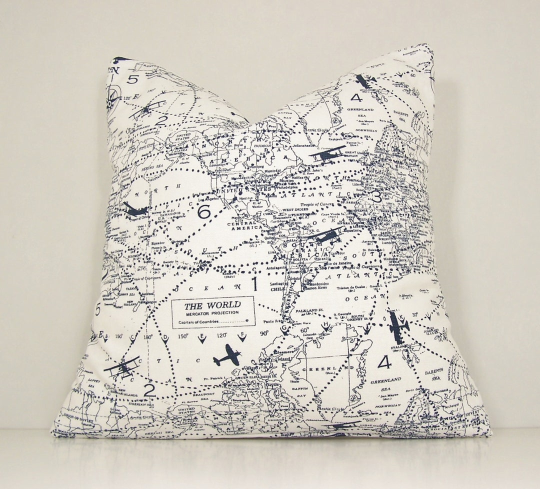 Map Pillow Cover, World Map, Planes, Travel,toss Pillow, Navy Pillow ...