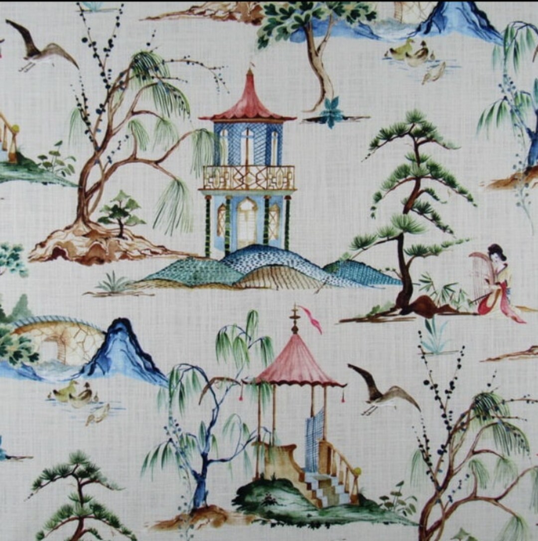Chinoiserie Ivory Curtains, Asian Toile, Chinese Garden Pagoda Design ...