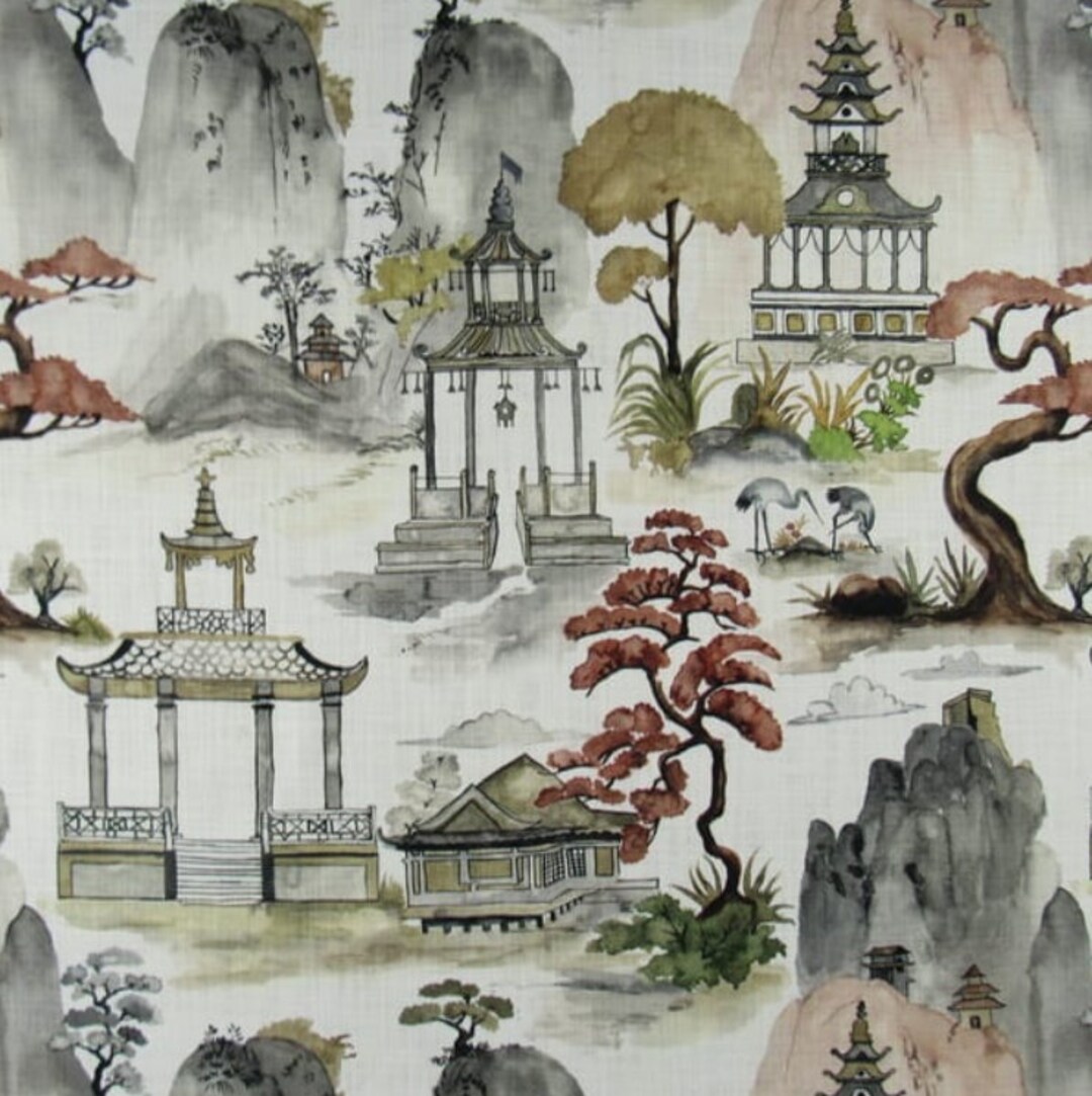 Chinoiserie Ivory Curtains, Asian Toile, Chinese Garden Pagoda Design ...