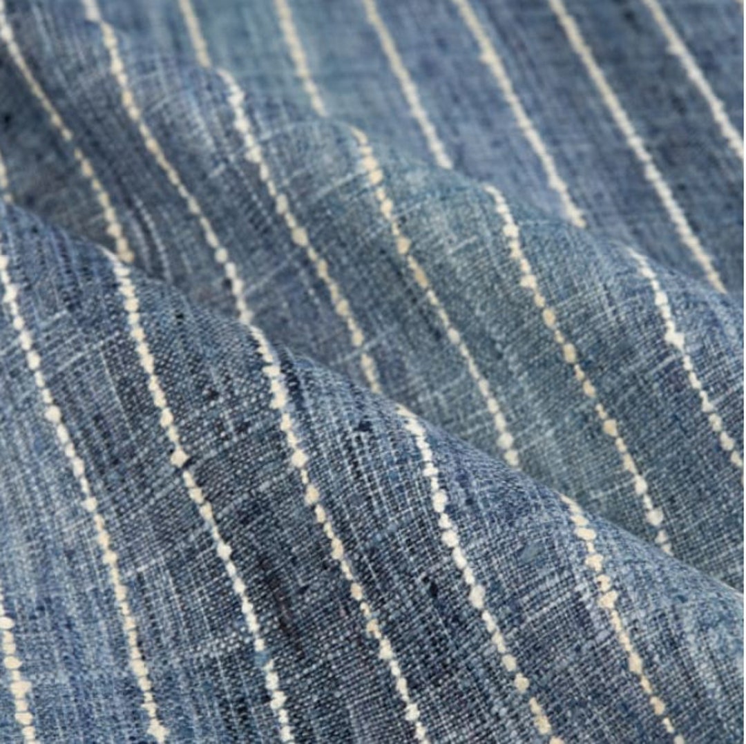 Blue Stripe Luxury Drapes, Denim Blue Curtains, Heavy Linen Blend Woven ...