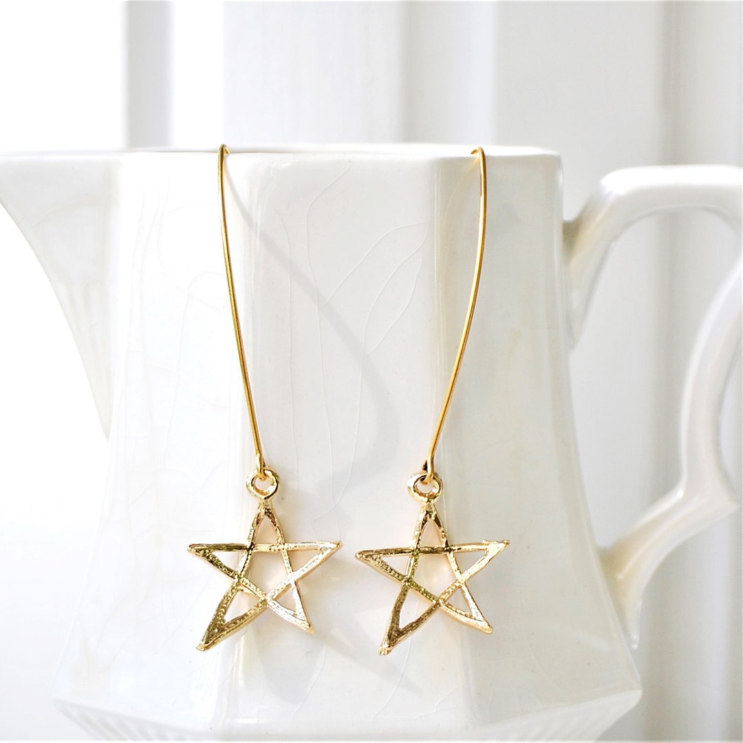 Gold Star Earrings Gold Brushed Star Earrings Long Star Earrings ...