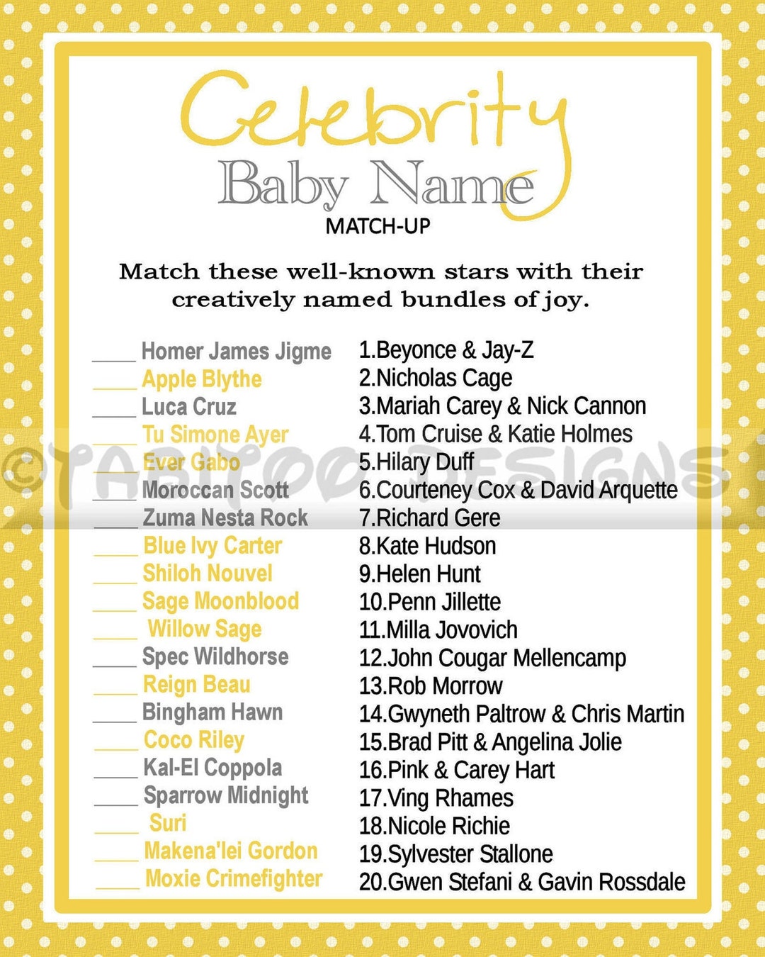 The Original Celebrity Baby Name Match up Game Baby Shower PRINTABLE - Etsy