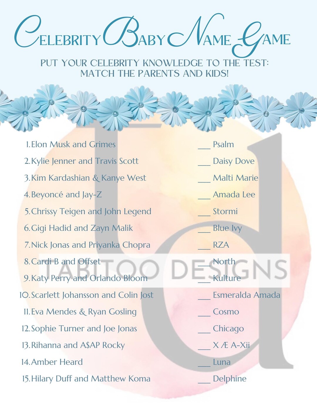 UPDATED Celebrity Baby Name Match up Game Baby Shower PRINTABLE - Etsy