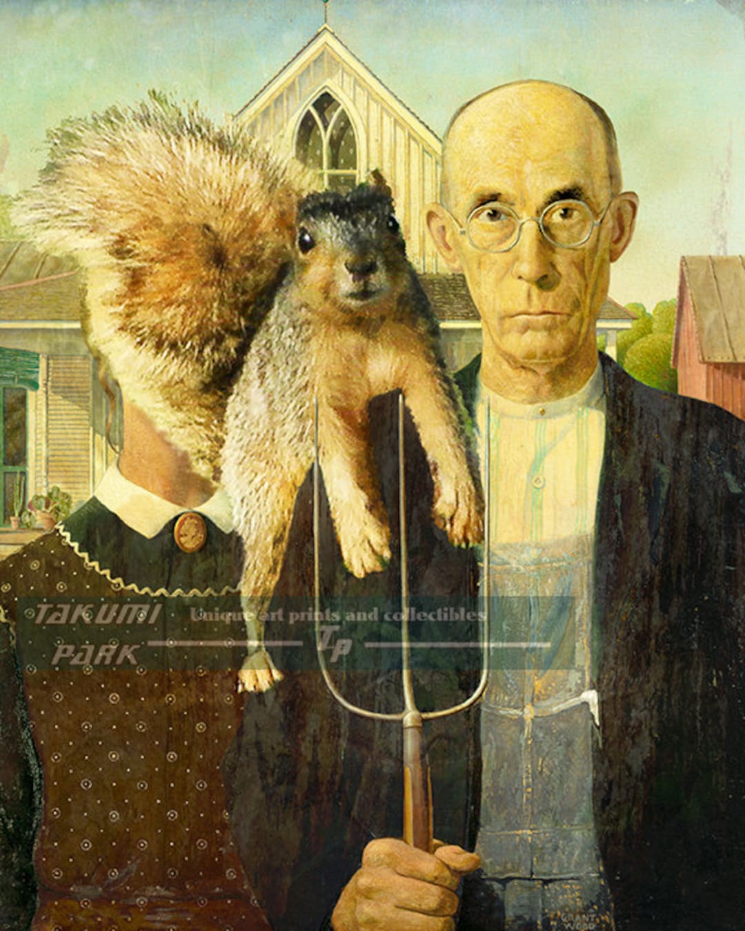 American Gothic Squirrel Photo Bomb Surreal Art, Funny Art Print, Home ...