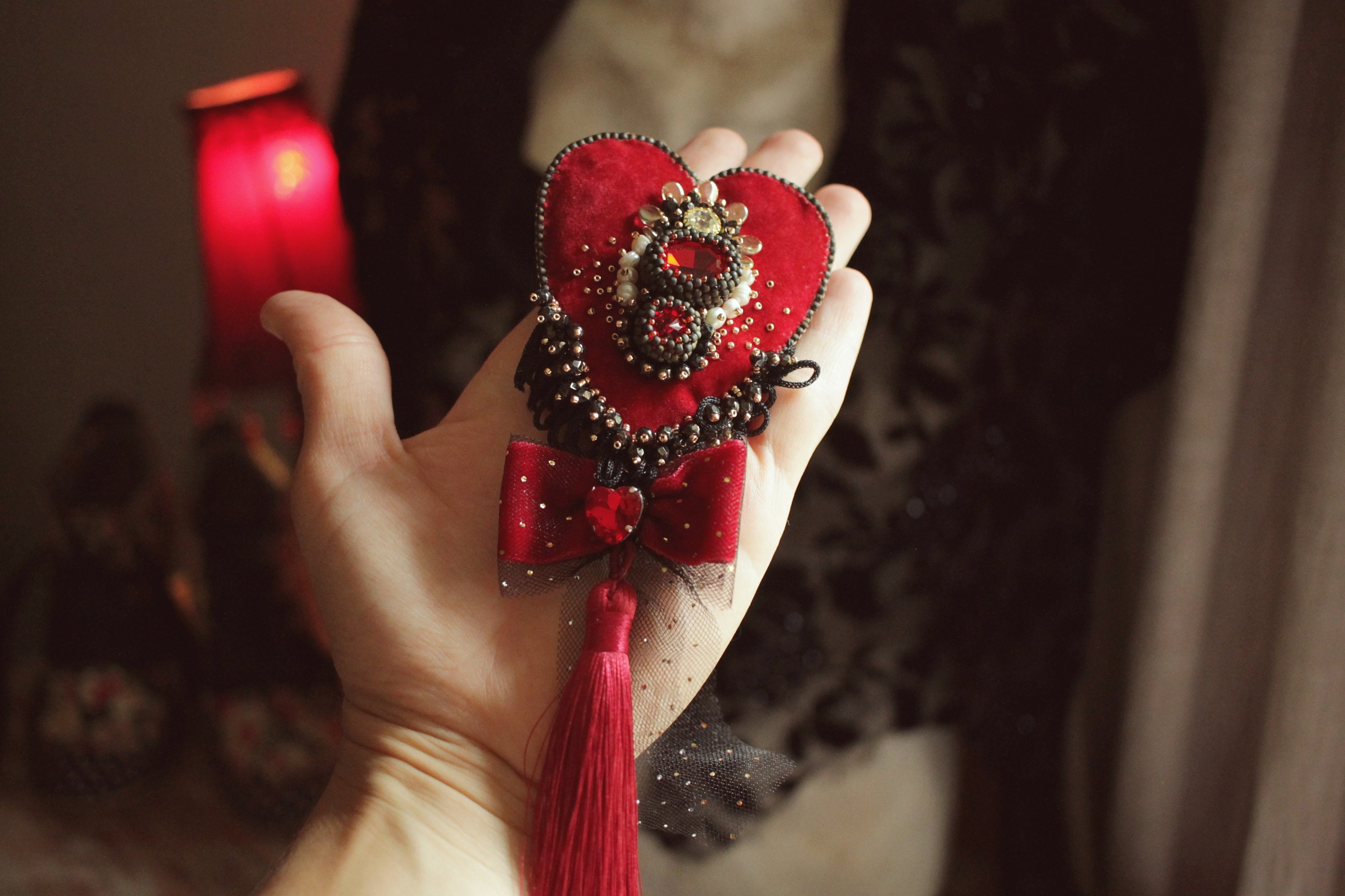 Bead Embroidered Red Velvet Heart Brooch With Tassel Velvet Heart ...