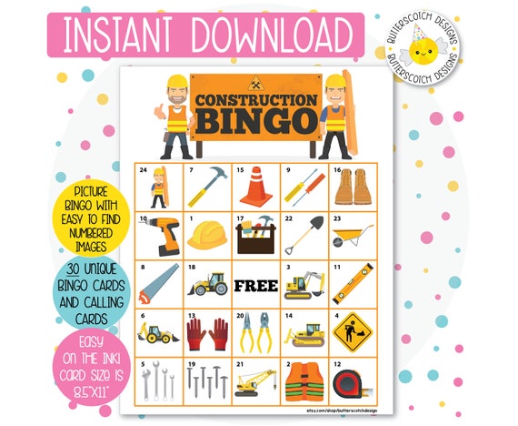 Construction Printable Bingo Cards 30 Different Cards | Etsy