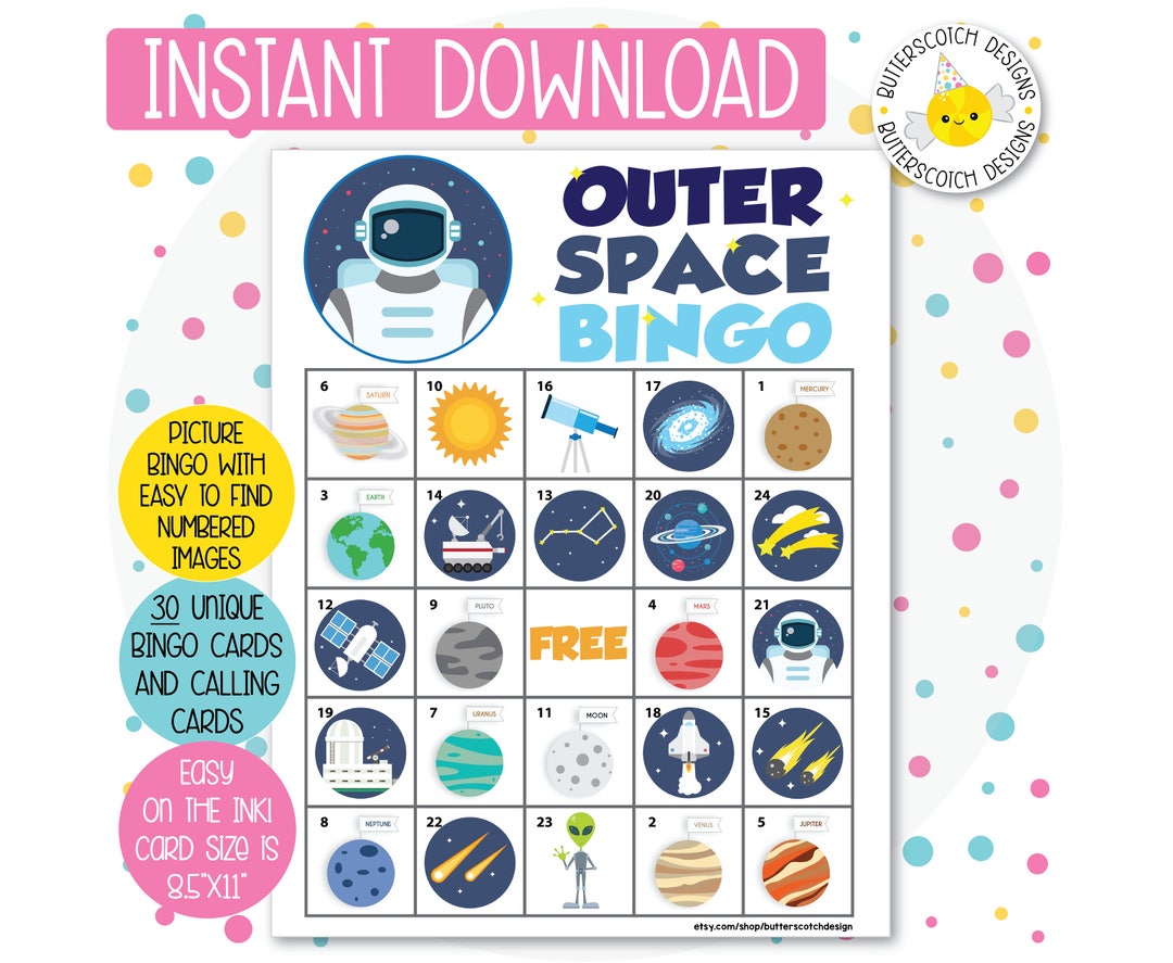 Outer Space Printable Bingo Cards 30 Different Cards Instant Download ...