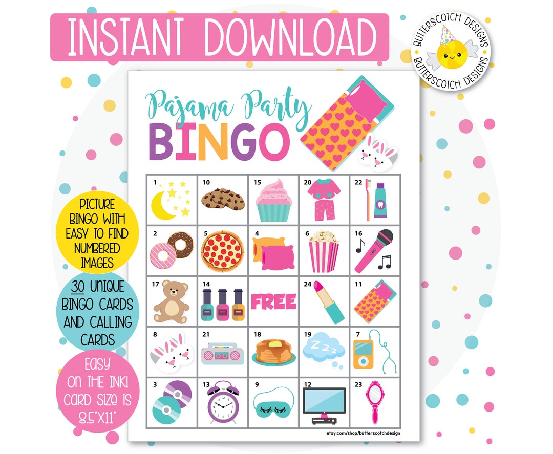 30 Pajama / Slumber Party Printable Bingo Cards (30 Different Cards ...