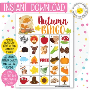 Autumn / Fall Printable Bingo Cards 30 Different Cards Instant Download ...