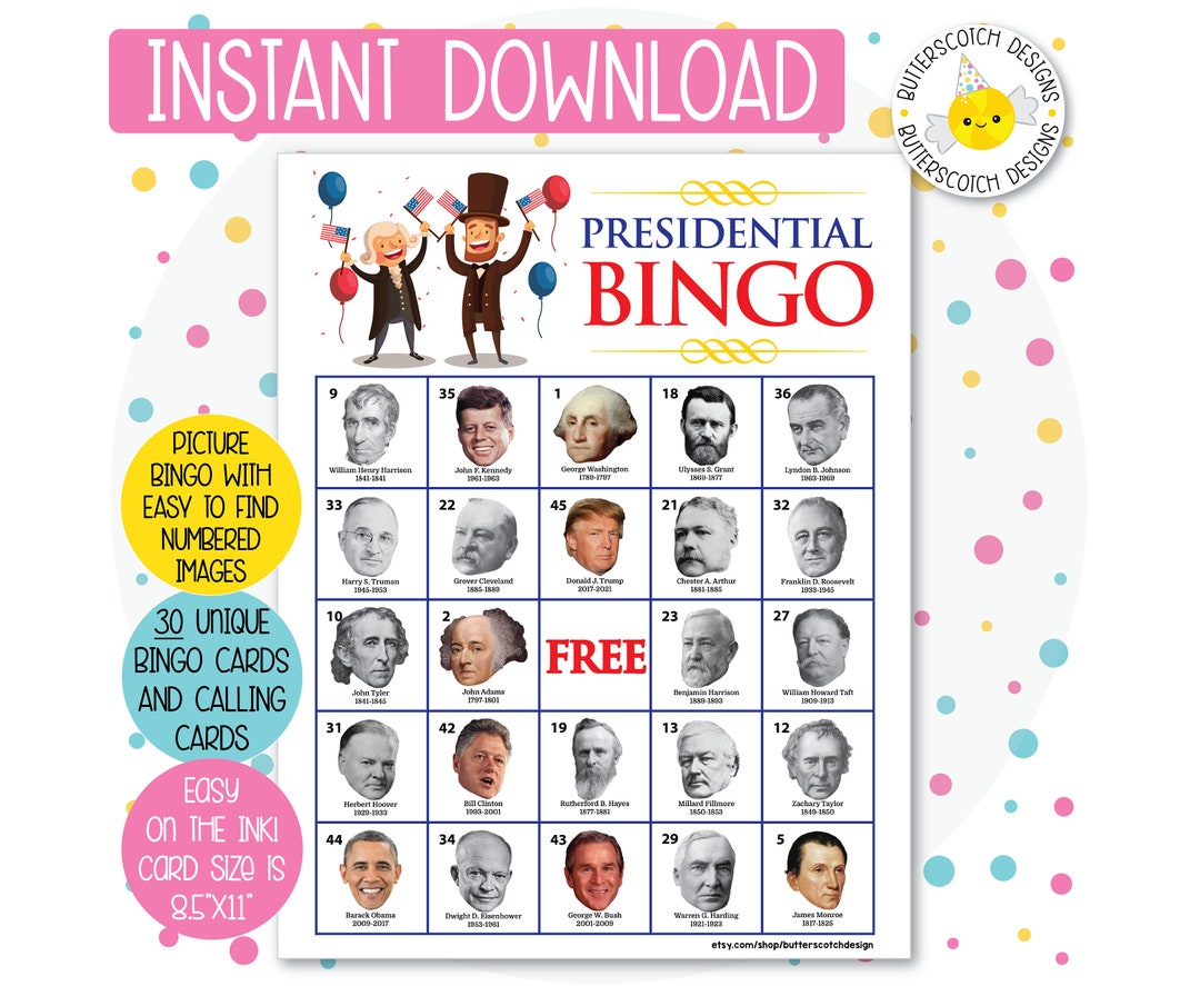 30 Presidential Printable Bingo Cards (30 Different Cards) - Instant ...