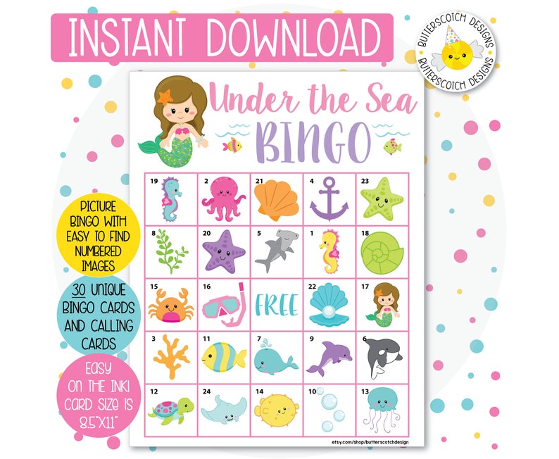 30 tarjetas de bingo imprimibles en PDF de sirenas bajo el mar (30 ...